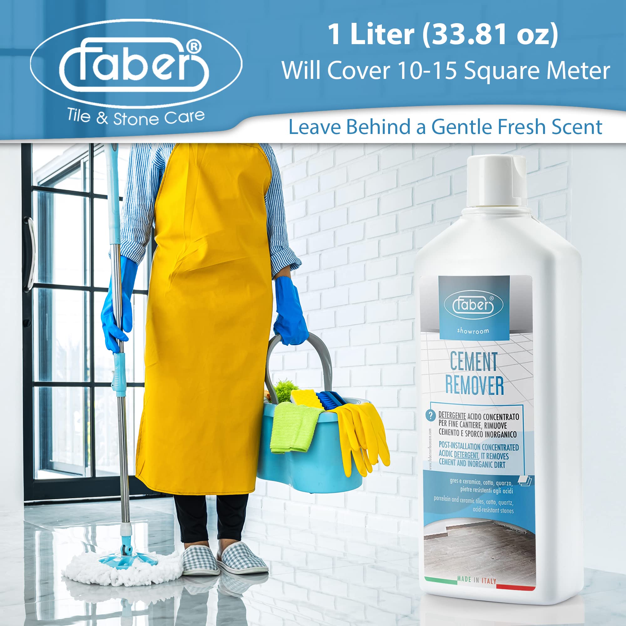 FABER Cement Remover for Tiles – Fast Acting Grout Haze Remover - Cement and Concrete Dissolver – 1 Liter Liquid - ECO Formula, Gentle Scent - Solvent Adhesives Remover & Efflorescence Remover