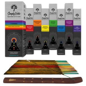 simply vedic 7 chakra incense sticks variety pack with holder, set of 7 (140 sticks) for chakra activation, healing, meditation, yoga, rituals, aromatherapy, energy cleansing, natural handmade incense