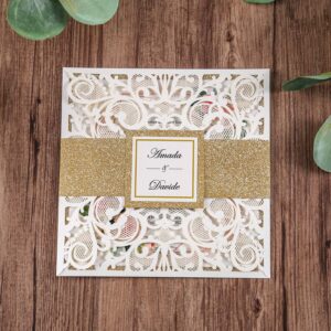 dreambuilt 6.3 x 6.3 inch ivory laser cut wedding invitations cards with gold glitter border and bellyband for wedding bridal shower (ivory, 50pcs blank)