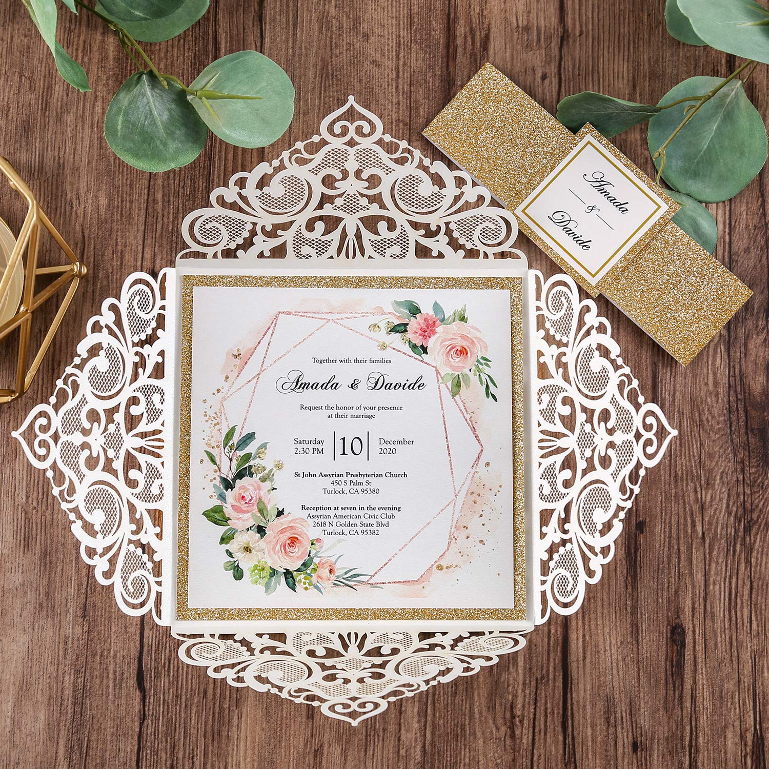 DreamBuilt 6.3 x 6.3 inch Ivory Laser Cut Wedding Invitations Cards with Gold Glitter Border and Bellyband for Wedding Bridal Shower (Ivory, 50pcs Blank)