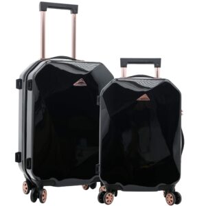 kensie women's shiny diamond hardside spinner luggage, black, 2-piece set (20/28)