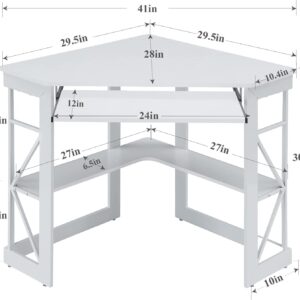 VECELO Corner Computer Desk 41 x 30 inches with Smooth Keyboard & Storage Shelves for Home Office Workstation, White