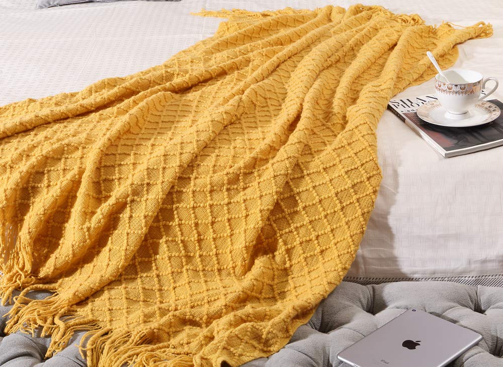 CREVENT Knitted Decorative Throw Blanket for Couch Sofa Chair Bed，Soft Warm Cozy Light Weight for Spring Summer (50''X60'' Mustard Yellow)