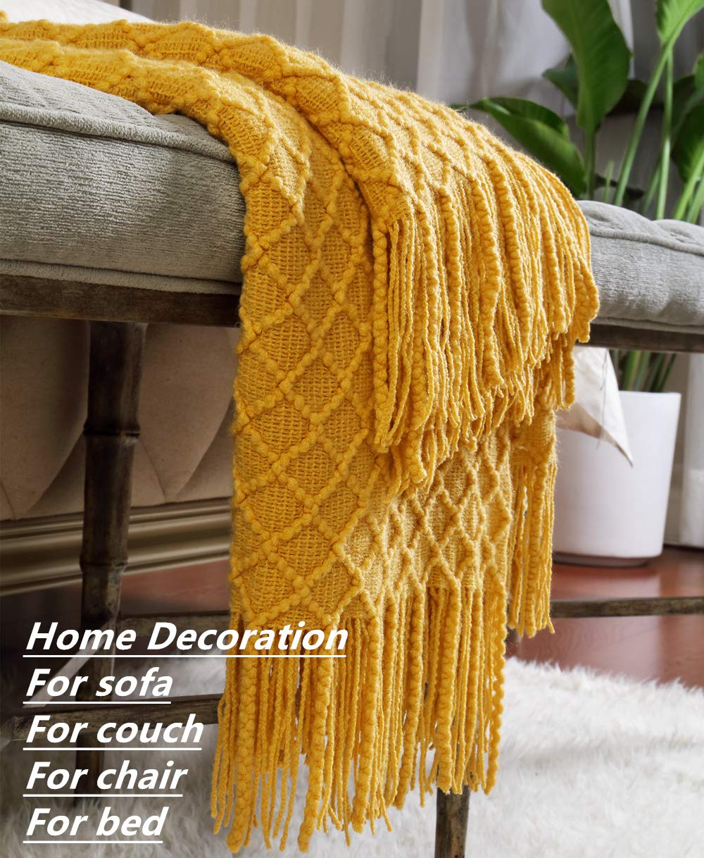 CREVENT Knitted Decorative Throw Blanket for Couch Sofa Chair Bed，Soft Warm Cozy Light Weight for Spring Summer (50''X60'' Mustard Yellow)