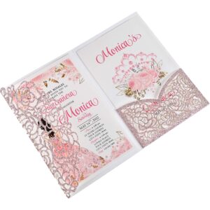 dreambuilt 4.7x7 inch 50pcs blank rose gold glitter quinceanera invitations kit, laser cut hollow rose quinceanera invitation cards with envelopes