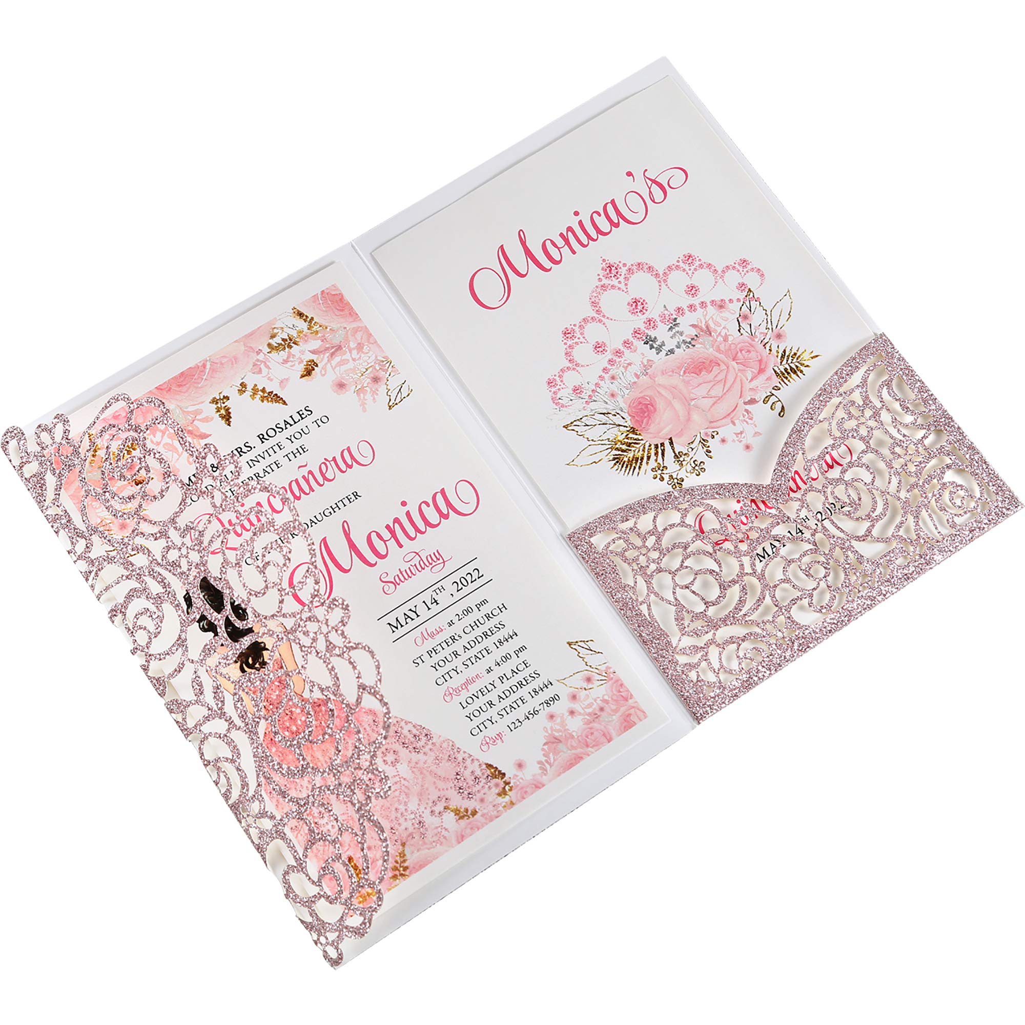 DreamBuilt 4.7x7 inch 50PCS Blank Rose Gold Glitter Quinceanera Invitations Kit, Laser Cut Hollow Rose Quinceanera Invitation Cards with Envelopes