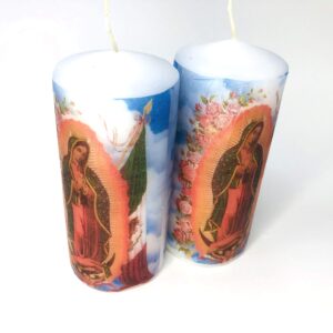 small pillar candle set of two pieces size 2 wide by 4 inches tal decoupage virgen de guadalupe, traditional image white unscented