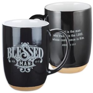 christian art gifts black ceramic coffee mug – 15 oz. microwave and dishwasher-safe non-toxic lead-free inspirational scripture coffee and tea mug for men with bible verse: blessed man –jeremiah 17:7