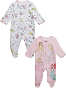 disney princess belle aurora cinderella newborn baby girls 2 pack zip up sleep n' plays/pink 0-3 months