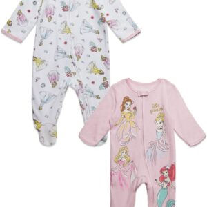 Disney Princess Belle Aurora Cinderella Newborn Baby Girls 2 Pack Zip Up Sleep N' Plays/Pink 0-3 Months