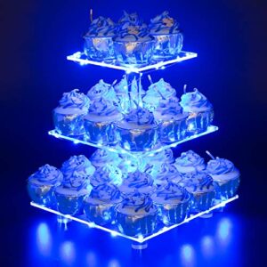 yestbuy 3 tier square cupcake stand - premium cupcake holder - acrylic cupcake tower display - cady bar party décor + led light string - ideal for weddings, birthday parties(blue light)