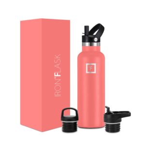 iron °flask sports water bottle - 3 lids (narrow straw lid) leak proof vacuum insulated stainless steel - hot & cold double walled camping & hiking hydration canteens - peach, 20 oz