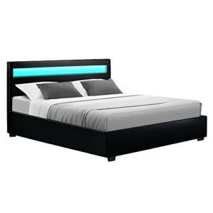 artiss queen leather upholstery bed frame with gas lift storage and led headboard, black