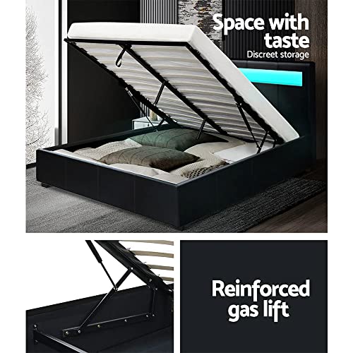 Artiss Queen Leather Upholstery Bed Frame with Gas Lift Storage and LED Headboard, Black