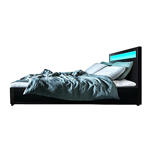 Artiss Queen Leather Upholstery Bed Frame with Gas Lift Storage and LED Headboard, Black