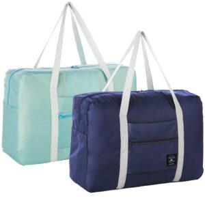 2pcs foldable travel duffel bag 2pcs tote carry on luggage bag spirit airlines personal item sports gym bag water resistant weekender overnight bags for women and men (green+blue)