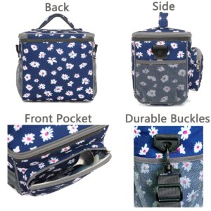 FlowFly Insulated Reusable Lunch Bag Adult Large Lunch Box for Women and Men with Adjustable Shoulder Strap,Front Zipper Pocket and Dual Large Mesh Side Pockets,Daisy