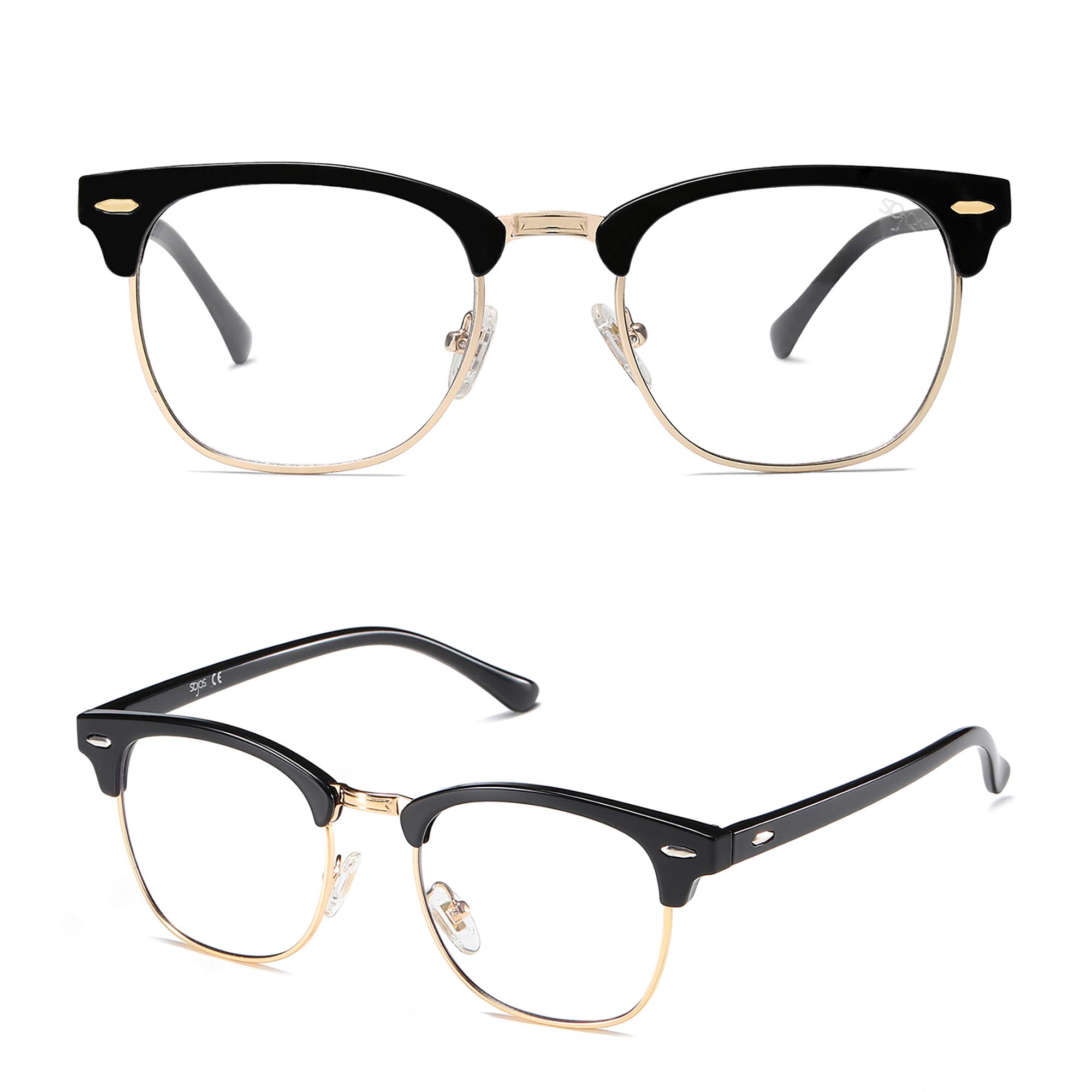 SOJOS Retro Semi Rimless Blue Light Blocking Glasses Half Horn Rimmed Eyeglasses SJ5018, Black Frame/Gold Rim