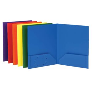 oxford folders with pockets, durable plastic, two pocket folders, assorted colors (15187), letter, 6 per pack