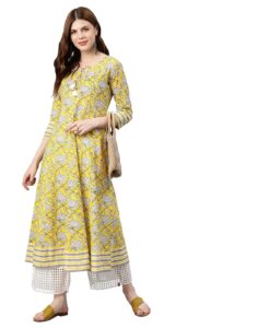 yash gallery indian cotton floral printed anarkali kurtis for women (lemon yellow)