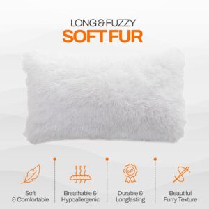 Cheer Collection Throw Pillows for Couch with Inserts Included - Soft Shaggy Long Hair Faux Fur Pillows - Set of 2-12" x 20" - White