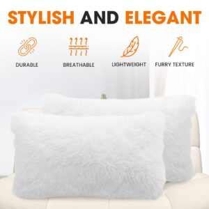 Cheer Collection Throw Pillows for Couch with Inserts Included - Soft Shaggy Long Hair Faux Fur Pillows - Set of 2-12" x 20" - White