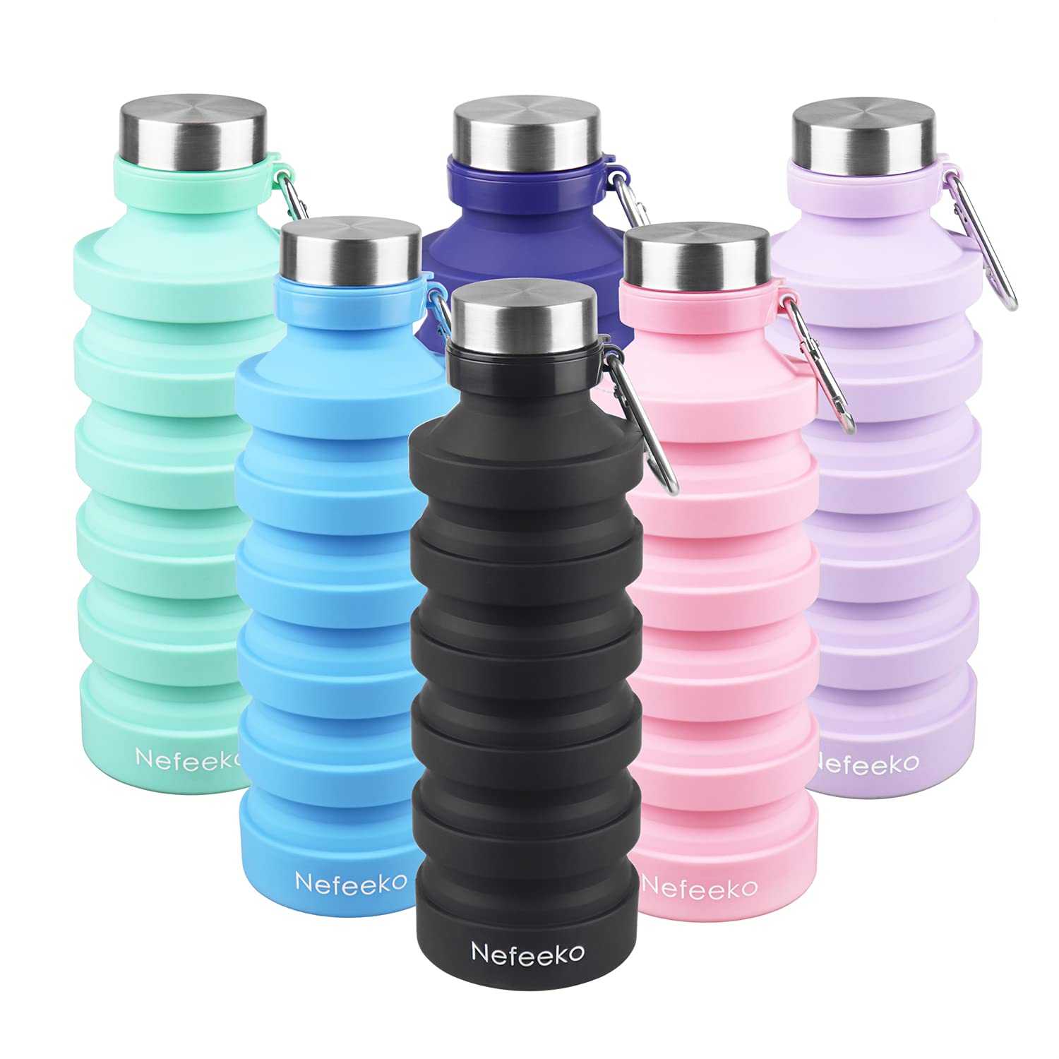 Nefeeko Collapsible Water Bottle, Reuseable BPA Free Silicone Foldable, Portable Leak Proof Sports Water Bottle with Carabiner for Travel Gym Camping Hiking