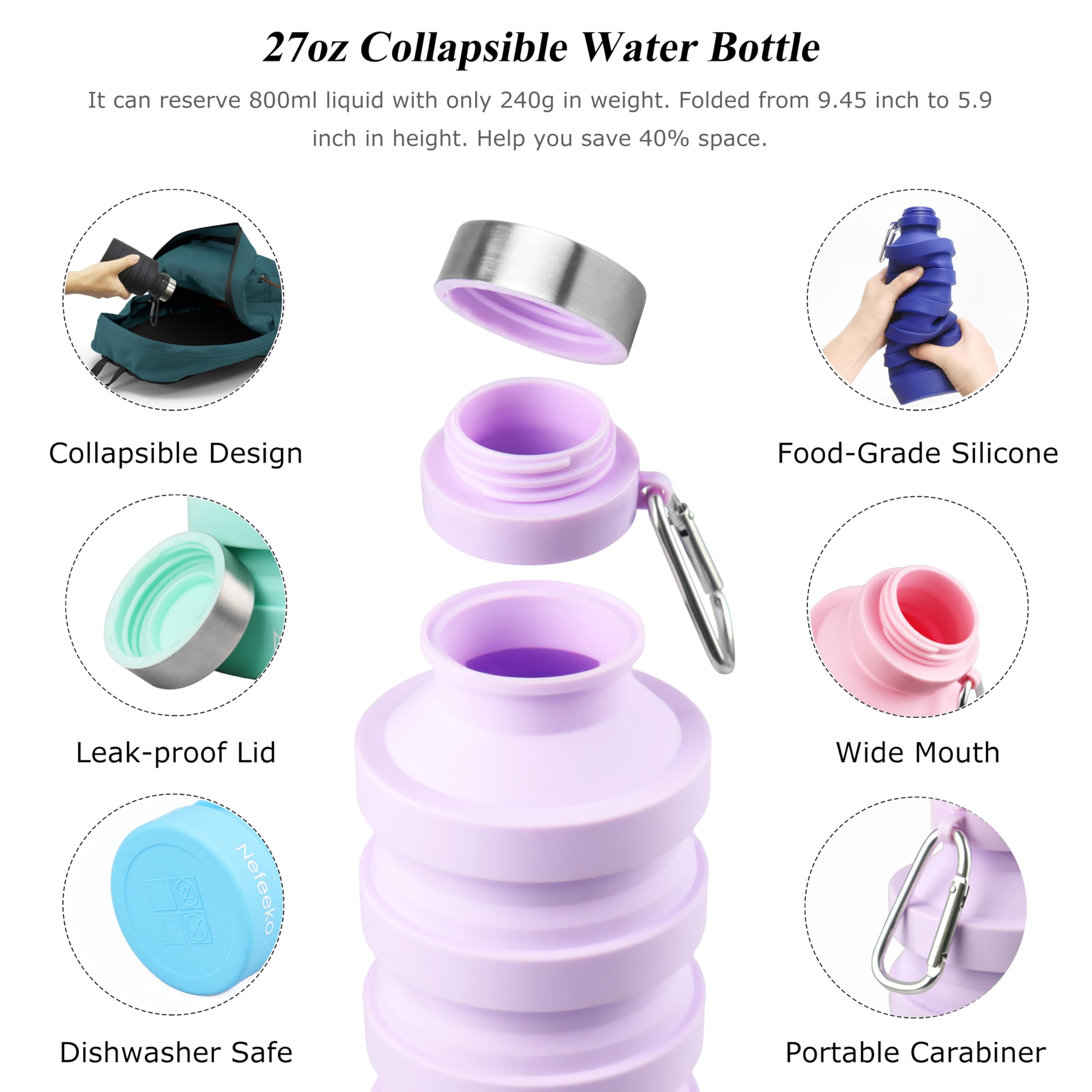 Nefeeko Collapsible Water Bottle, Reuseable BPA Free Silicone Foldable, Portable Leak Proof Sports Water Bottle with Carabiner for Travel Gym Camping Hiking