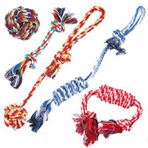 sungrow, 5-pack ferret rope chew teething toys, puppy chew toys & accessories for cage, machine-washable durable cotton knotted rope dog tug toys for small to medium breeds, 3” - 19”