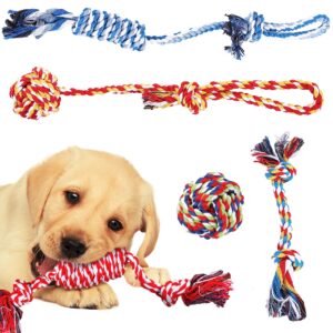 SunGrow, 5-Pack Ferret Rope Chew Teething Toys, Puppy Chew Toys & Accessories for Cage, Machine-Washable Durable Cotton Knotted Rope Dog Tug Toys for Small to Medium Breeds, 3” - 19”