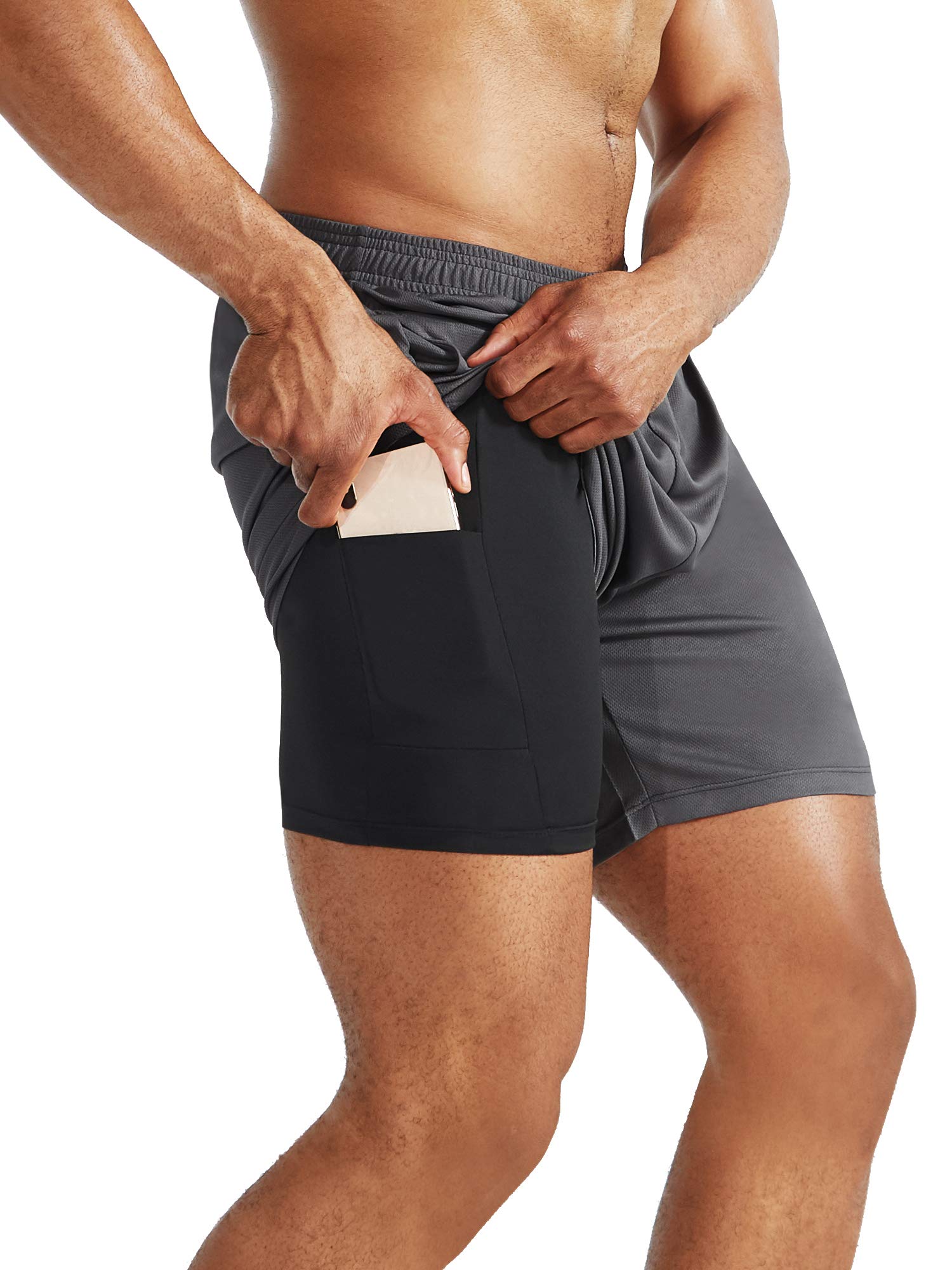 NELEUS Men's 2 in 1 Running Shorts with Liner,Dry Fit Workout Shorts with Pockets,6070,2 Pack,Black/Grey,US L,EU XL