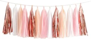 zooyoo shiny tassel garland tissue paper tassel banner,table decor,diy kits for tassels party decoration,pack of 20 - (rose gold/peach color/light pink/white)