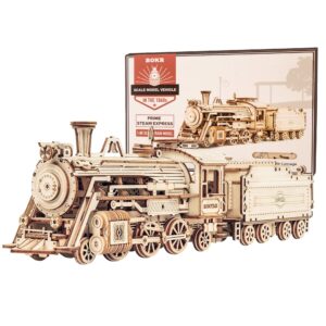 rokr 3d wooden puzzle for adults-mechanical train model kits-brain teaser puzzles-vehicle building kits-unique gift for kids on birthday/christmas day(1:80 scale)(mc501-prime steam express)