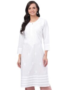 ada hand embroidered indian chikankari cotton kurta kurti tunic for women a149984 (white, small)