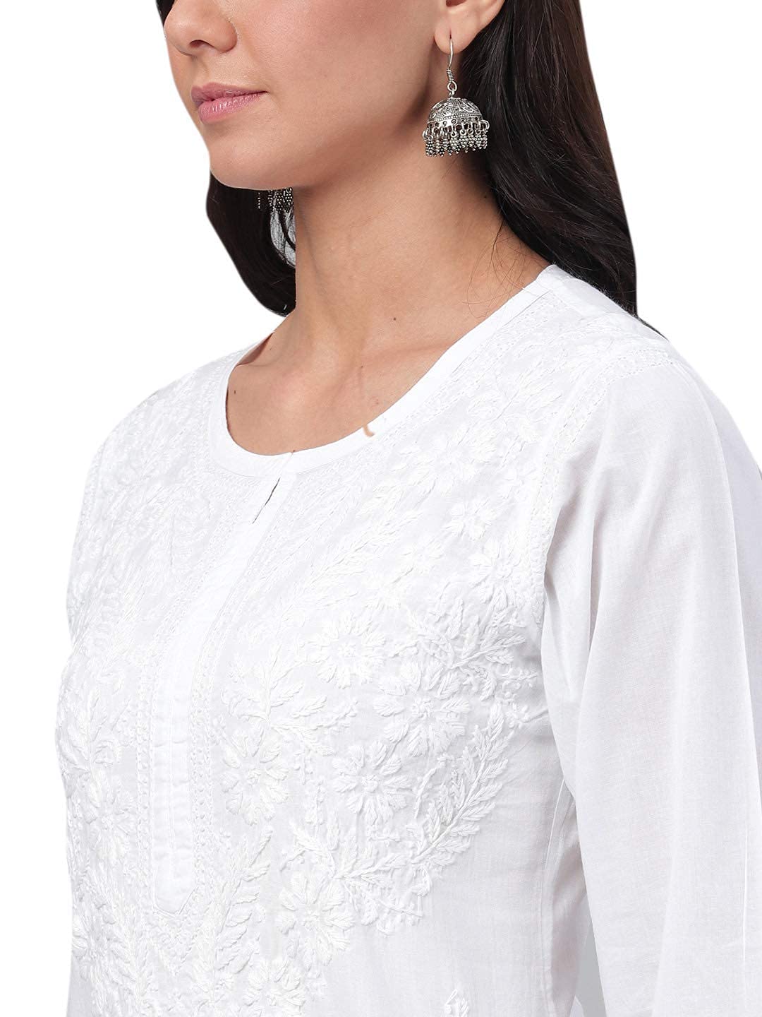 Ada Hand Embroidered Indian Chikankari Cotton Kurta Kurti Tunic for Women A149984 (White, Small)