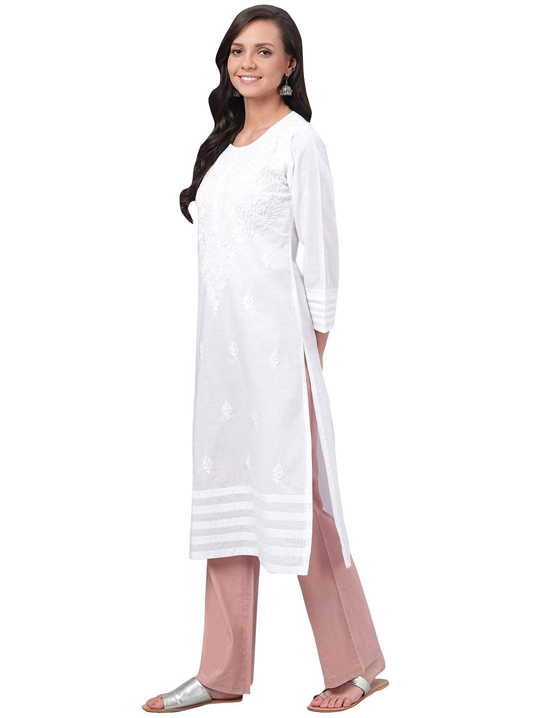 Ada Hand Embroidered Indian Chikankari Cotton Kurta Kurti Tunic for Women A149984 (White, Small)