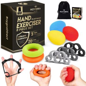 roygra hand grip strengthener, finger exerciser, multiple resistance levels kit - 3 types, set of 8