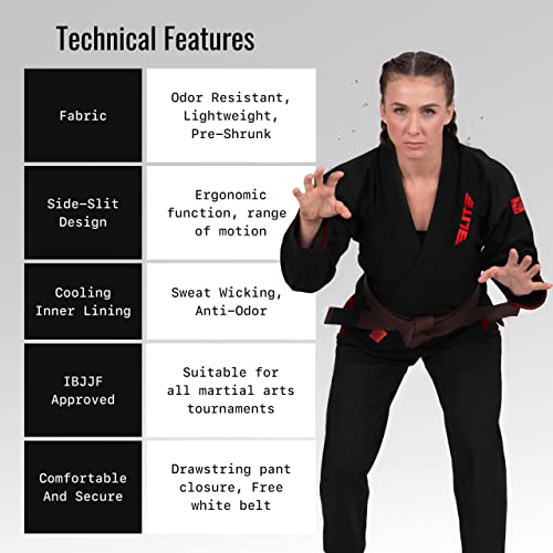 Elite Sports Ultra-Light Women's BJJ GI - IBJJF Jiu-Jitsu GI for Girls and women (See Special Sizing Guide) (Black, 3)