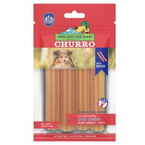 himalayan dog chew churro yak cheese dog chews, 100% natural, long lasting, gluten free, healthy & safe dog treats, lactose & grain free, protein rich, for all breeds, soft, real bacon flavor, 4 oz