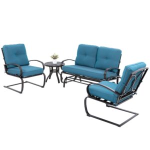 jy qaqa 4pcs outdoor patio furniture conversation sets (glider loveseat, coffee table, 2 spring chairs) wrought iron frame chair set with cushions for patio, garden and backyard (peacock blue)