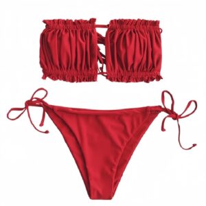 zaful womens rib ruched bandeau bikini adjustable tie ruffle cutout sexy swimwear halter string triangle bikini sets(2-red, s)