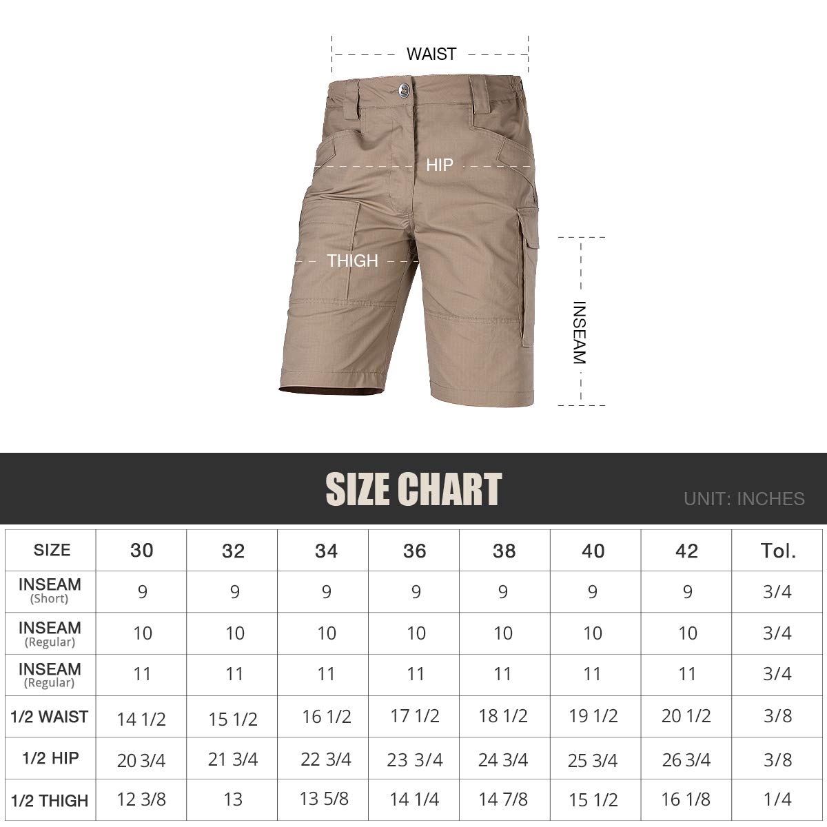 FREE SOLDIER Men's Hiking Tactical Cargo Shorts Multiple Pockets Waterproof Shorts Outdoor Fishing Camping Shorts Coyote Brown 34W x 11L