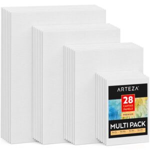 arteza premium canvas boards for painting, 5 x 7, 8 x 10, 9 x 12, 11 x 14 inches, multipack of 28, white canvas for acrylic, oil and gouache painting