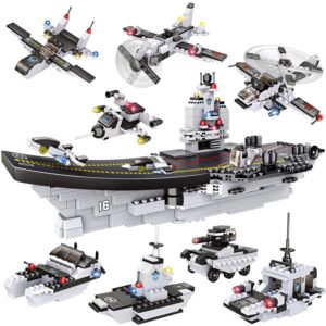 wishalife 1320 pieces aircraft carrier building blocks set, military battleship model toy with army car, helicopter & boat, military toys gift for kids boys girls age 6-12