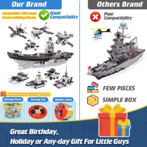 WishaLife 1320 Pieces Aircraft Carrier Building Blocks Set, Military Battleship Model Toy with Army Car, Helicopter & Boat, Military Toys Gift for Kids Boys Girls Age 6-12