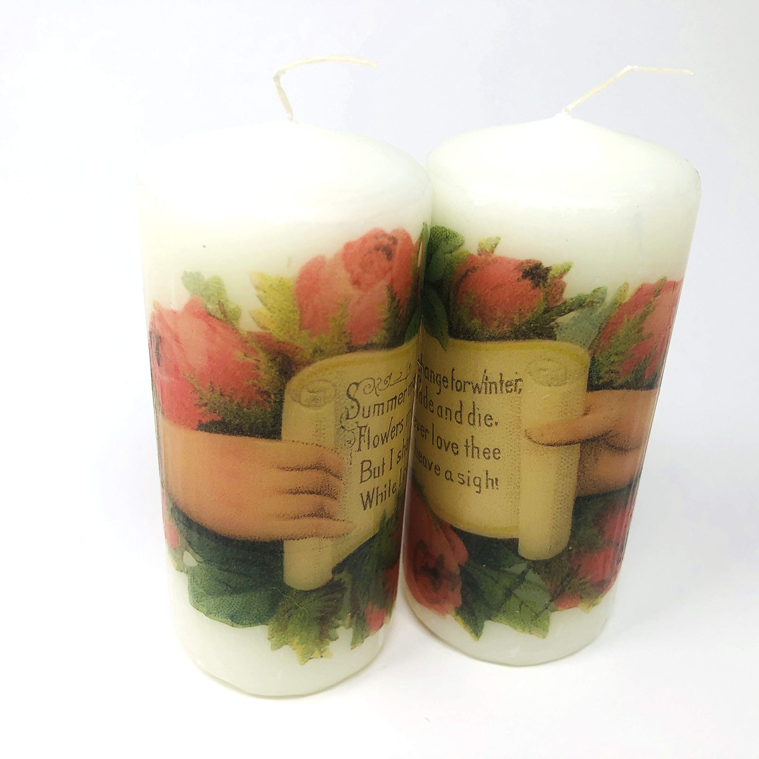 valentine's day antique roses, handmade 2 pieces set Decoupage up cycle pillar candle 2 x 4 inches tall white unscented centerpiece, hand decorated