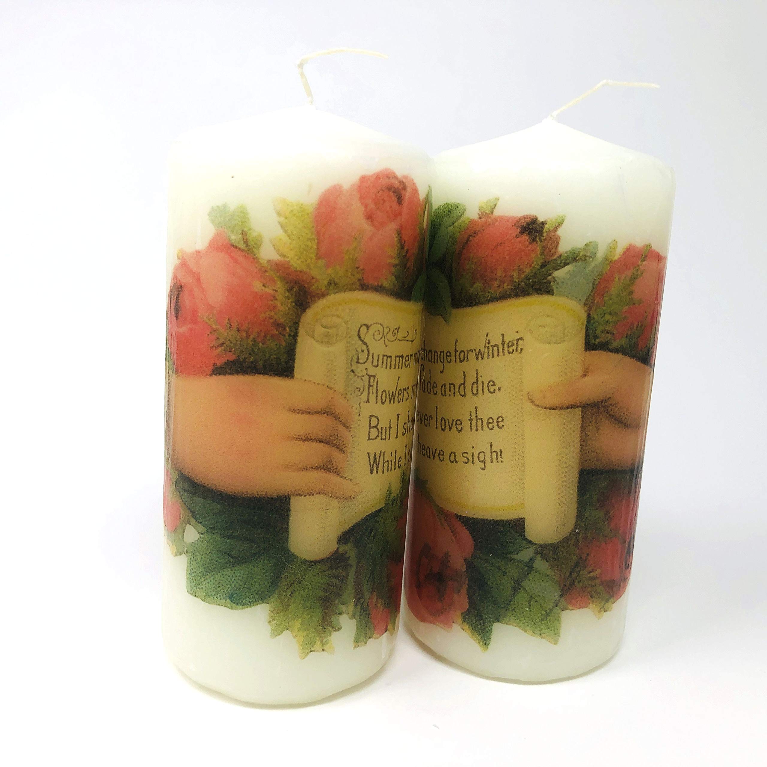 valentine's day antique roses, handmade 2 pieces set Decoupage up cycle pillar candle 2 x 4 inches tall white unscented centerpiece, hand decorated