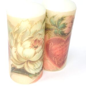 valentine's day antique hart and flowers, handmade 2 pieces set decoupage up cycle pillar candle 2 x 4 inches tall white unscented centerpiece, hand decorated