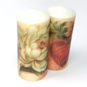 valentine's day antique hart and flowers, handmade 2 pieces set Decoupage up cycle pillar candle 2 x 4 inches tall white unscented centerpiece, hand decorated