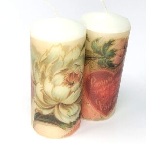 valentine's day antique hart and flowers, handmade 2 pieces set Decoupage up cycle pillar candle 2 x 4 inches tall white unscented centerpiece, hand decorated